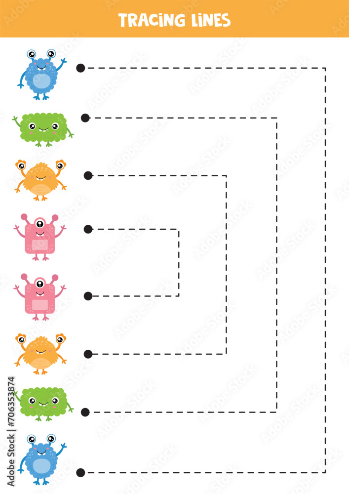 Tracing lines for kids. Cartoon colorful monsters. Handwriting practice ...