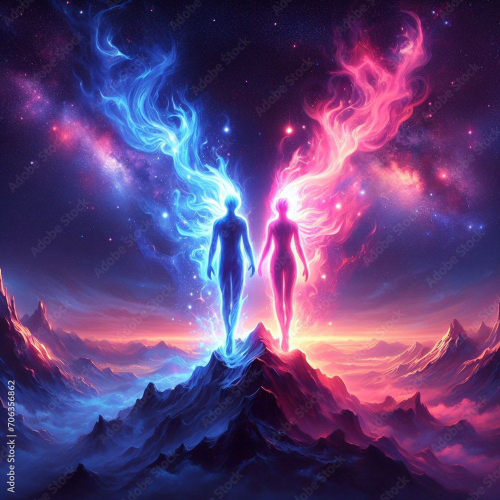 Twin flame couple. Soulmates. The concept of magical, esoteric, tantric ...