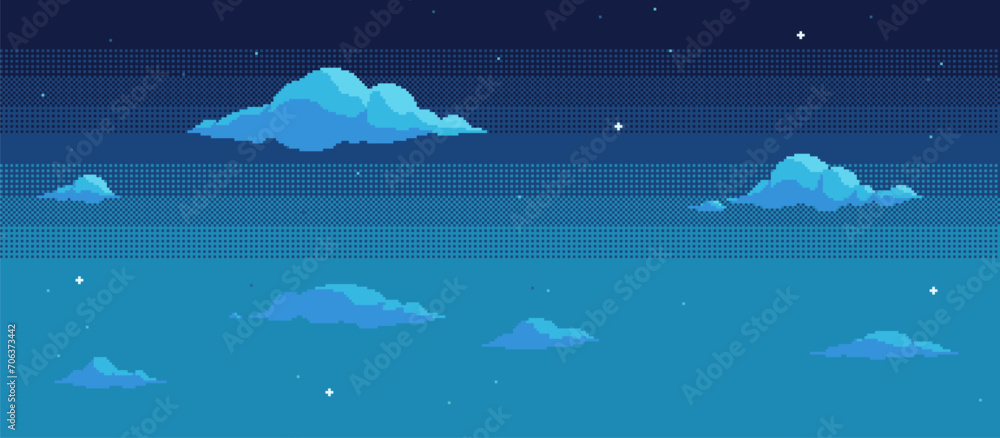 Pixel art night sky background with stars and clouds. Retro video ...