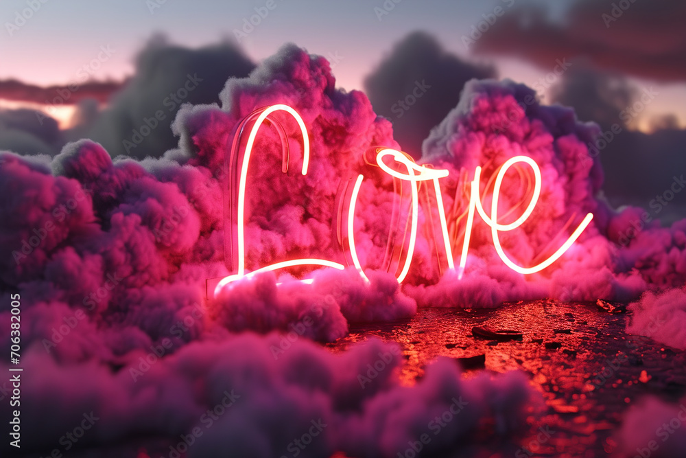 Neon word 'Love' with fluffy clouds, glowing intensely against a dusk ...