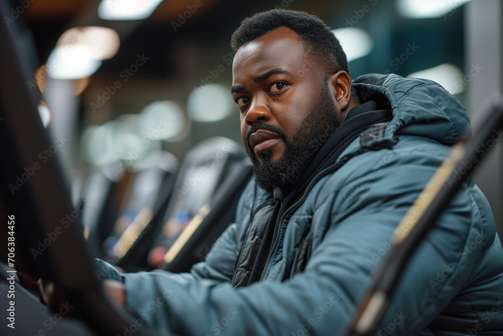 An overweight African American man is training in gym in a jacket ...