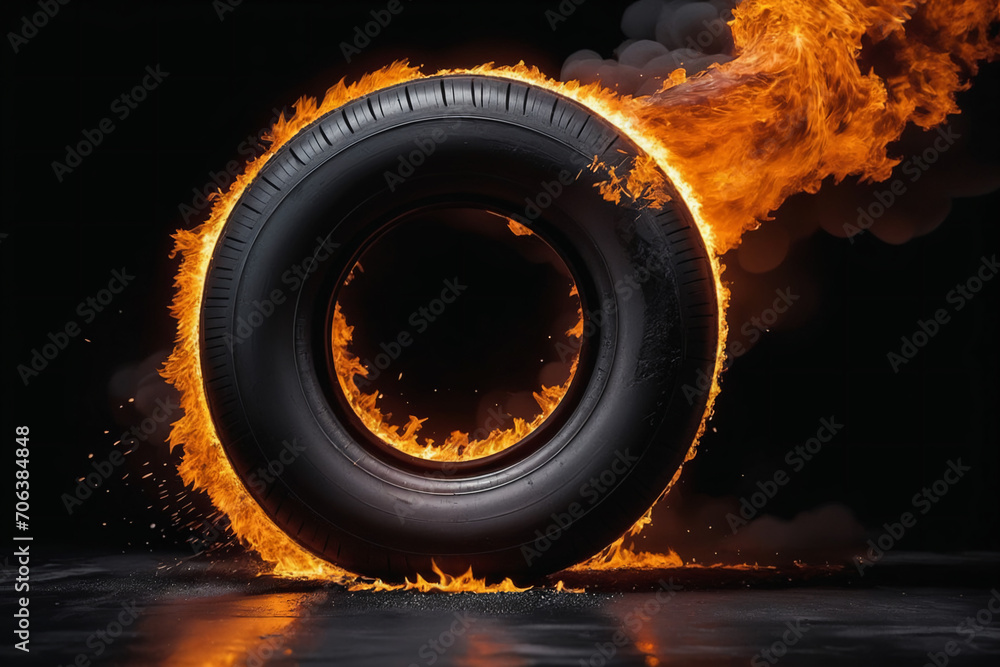 Scene of a burning tire rolling on black surface, pure black background ...