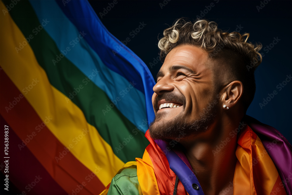 Happy gay man having fun holding rainbow flag symbol of LGBTQ community ...