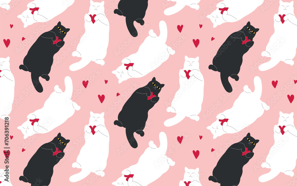 vector cartoon seamless pattern with sleepy cats in love. romantic ...