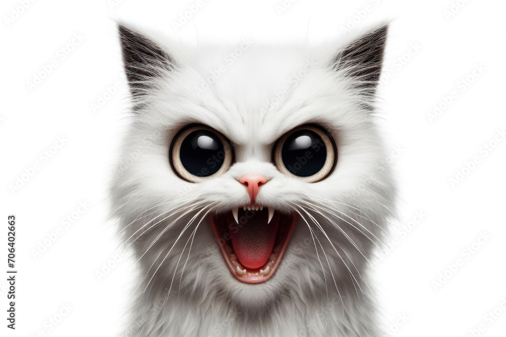 angry white cat with huge eyes and open mouth Isolated on white ...