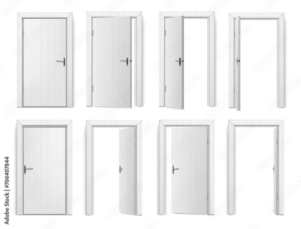 Closed or open door, entrance realistic doorway with doorframe. Vector ...