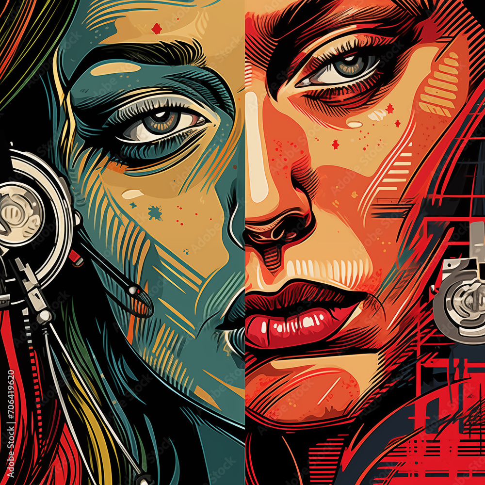 Poster with cyber pank woman face cartoon and glitch style, vivid ...