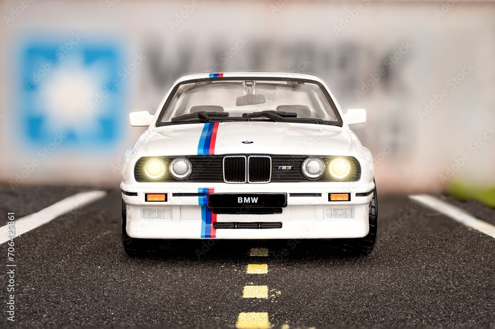 Madrid, Spain; 12-10-2023: Front view of scale model of a white Bmw M3 ...