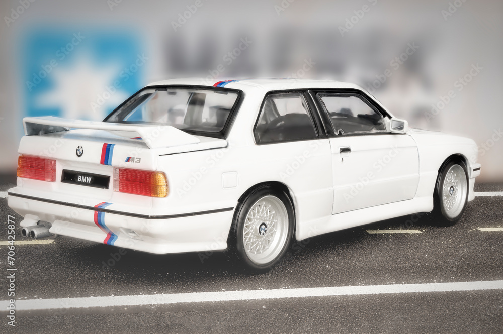 Madrid, Spain; 12-10-2023: Back view of scale model of a white Bmw M3 ...