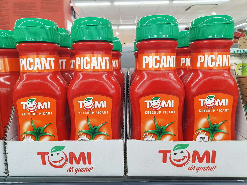 BUCHAREST, ROMANIA - DECEMBER 14, 2023. Tomi sweet and spicy ketchup ...