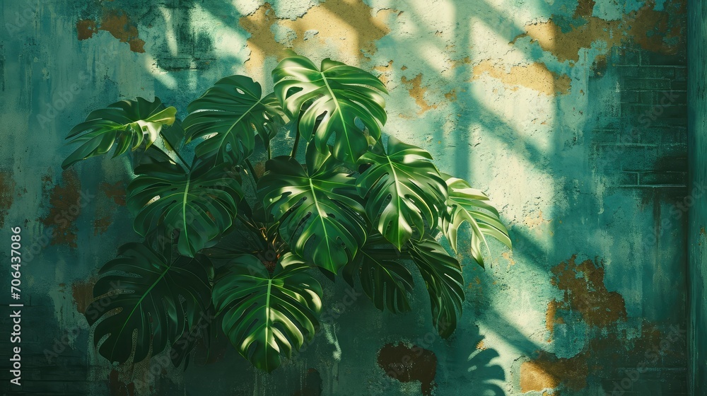 Full shot of trailing Giant Monstera Variegata plant shot growing on an ...