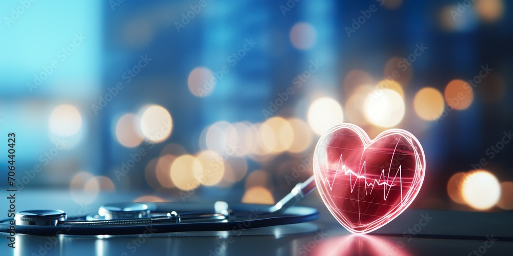 Human heart with cardiogram stethoscope on ecg medical Stock ...
