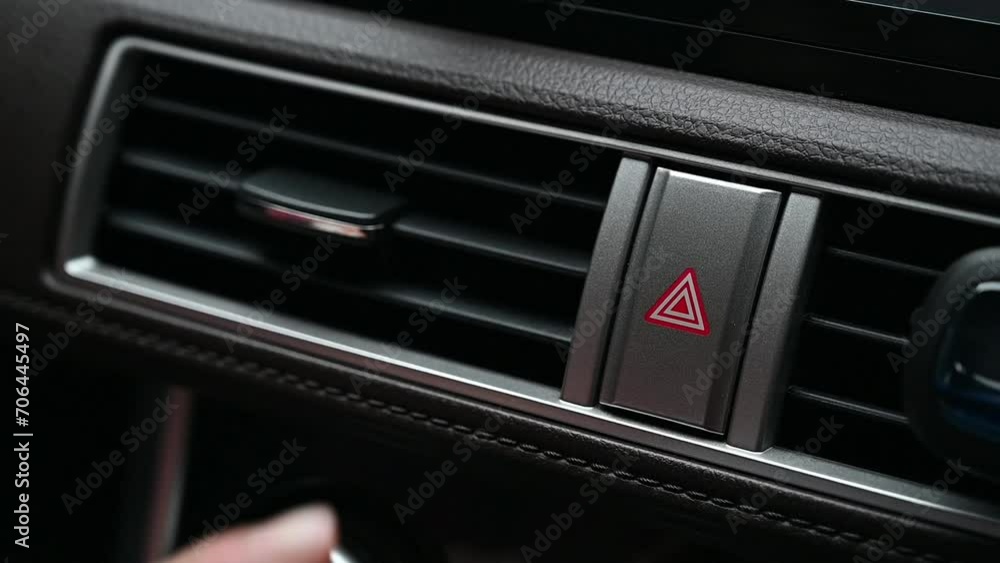 Driver touching an emergency light button in car. Use emergency lights ... Driver touching an emergency light button in car. Use emergency lights ...