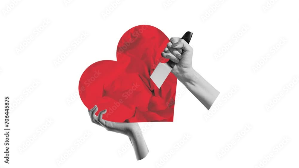 Broken heart. Human hands with knife cutting heart over heart symbol ...