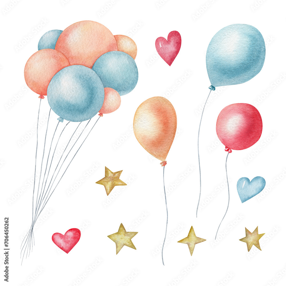 Watercolor cute cartoon balloons isolated on the white background. Hand ...