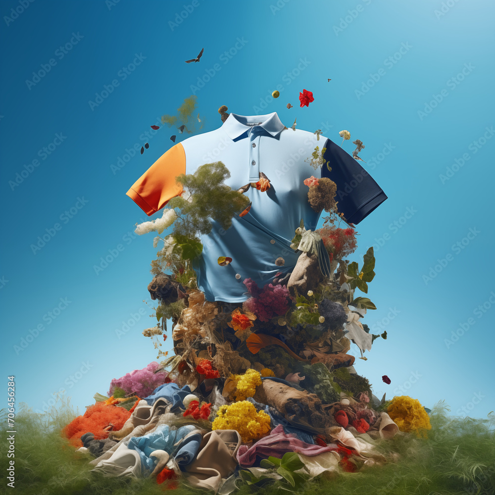 Recycling clothes image featuring a polo shirt and a pile of recycled ...