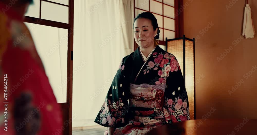 Vidéo Stock Greeting, culture and Japanese women bowing in a temple for ...