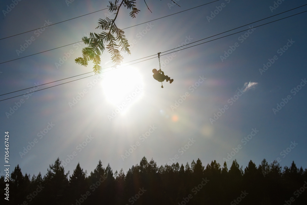 Zip line fun with a person riding a zip line silhouetted against a ...