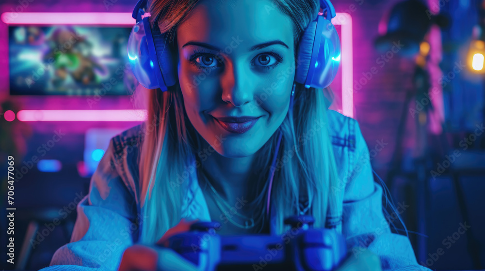 A focused female gamer with headphones and a controller is immersed in ...