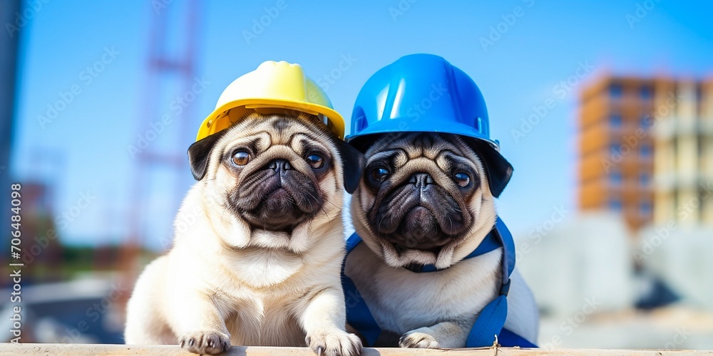 Two cute pug dogs in blue and yellow construction helmets look at the camera against the ...