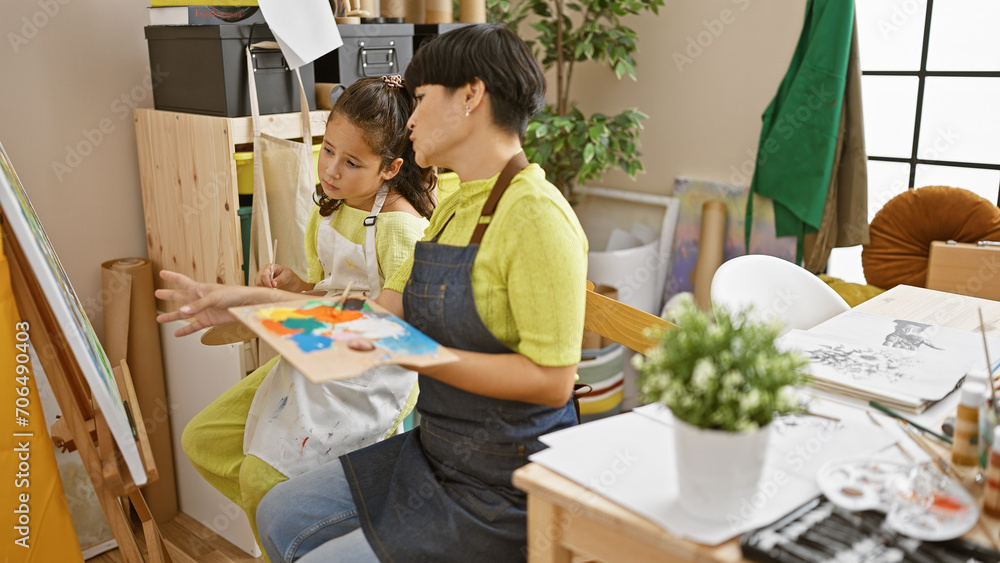 Teacher and student artist bonding as they draw together in art class ...