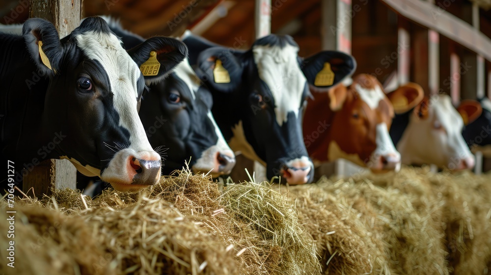 Group of cows at cowshed eating hay or fodder on dairy farm. Stock ...