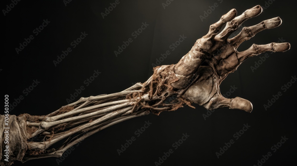Detailed, weathered skeleton arm reaching from a dark background ...