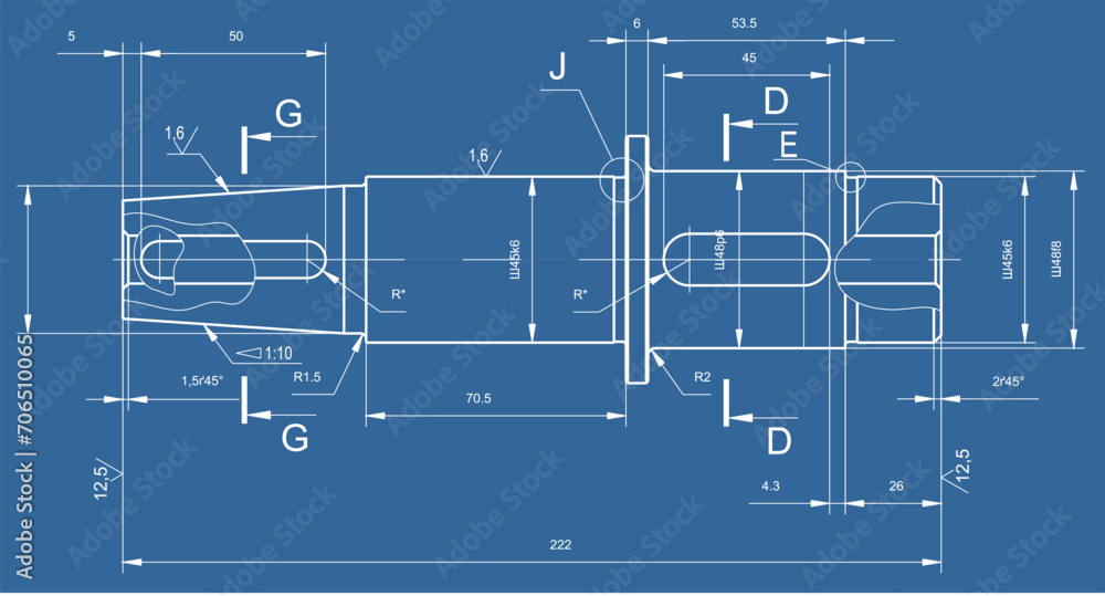 Vector engineering cad drawing of a mechanical part (steel shaft) with ...