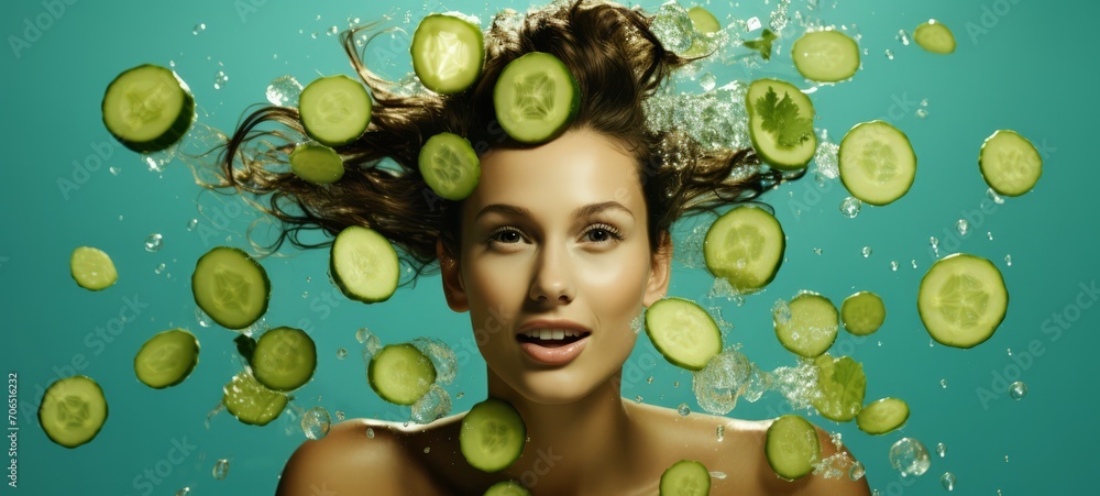 Natural facial hydration for woman. Self-care with cucumber slices for ...