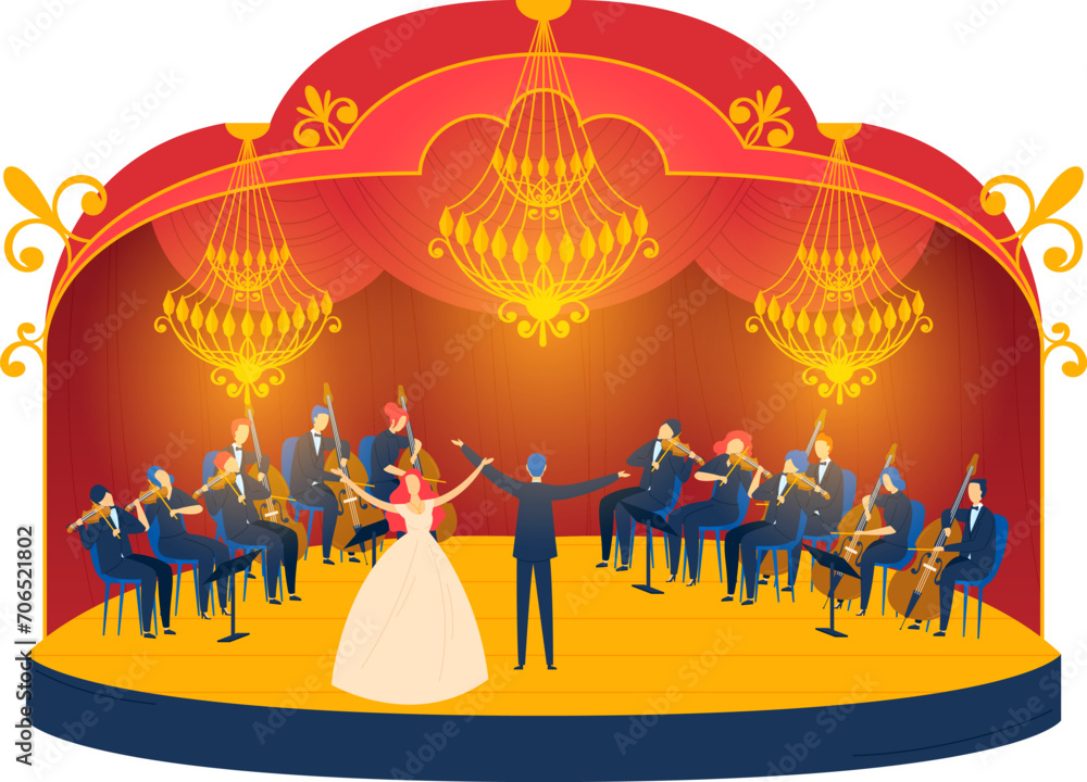 Orchestra performing on stage with conductor and solo singer. Classical ...