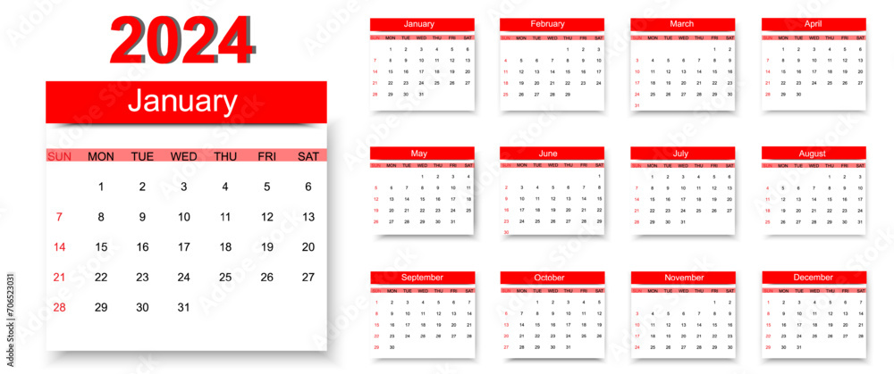 Year 2024 colorful calendar on white background. Vector template. Week ...