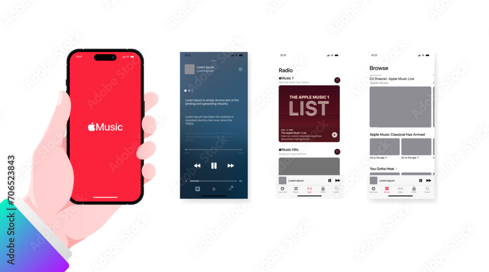 Apple Music interface template. iPhone screen mockup. Apple Music pages ...