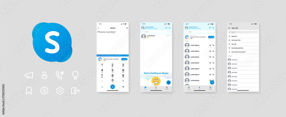 Skype social media interface. Social media black buttons. Skype ...