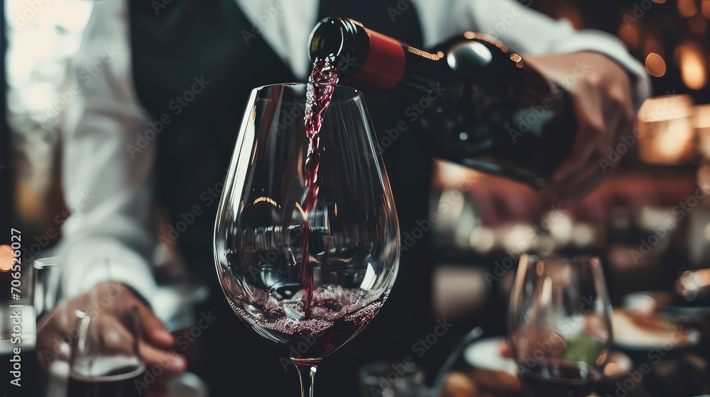 Male waiter pouring wine. Like a painter with a brush, the hand of a ...