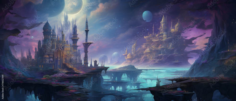 In a breathtaking digital painting, a vibrant city rises from the water ...