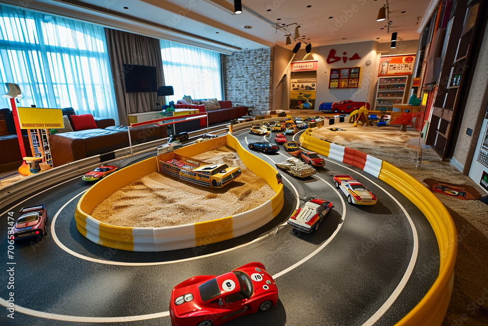 A playroom featuring a mini racetrack for remote-controlled cars ...