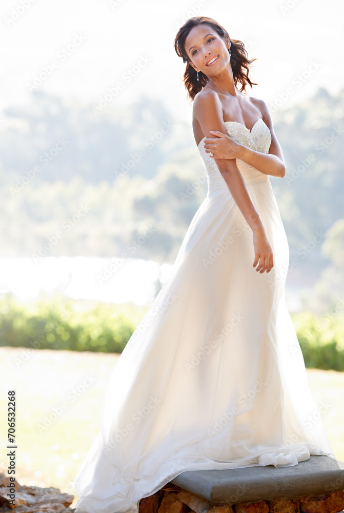 Bride, woman and wedding dress outdoor in summer or spring with ...
