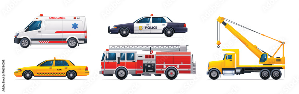 Set of emergency vehicles. Ambulance, taxi, police car, fire truck and ...