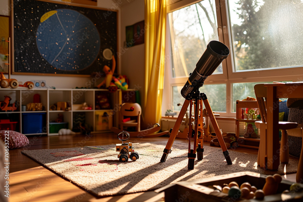 A playroom with a mini observatory corner, featuring a child-friendly ...
