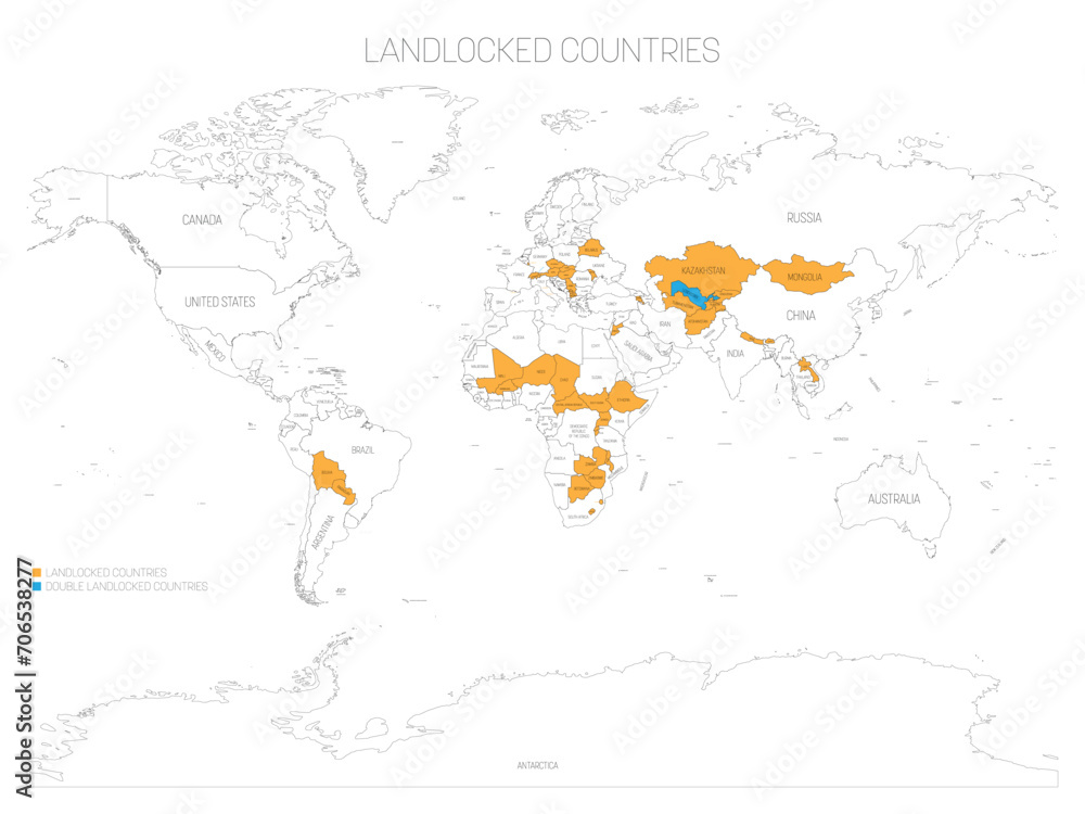 Political map of World with marked landlocked and double landlocked ...