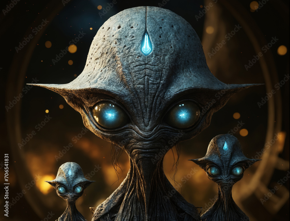 Black evil aliens with sparkling blue eyes against the background of a ...