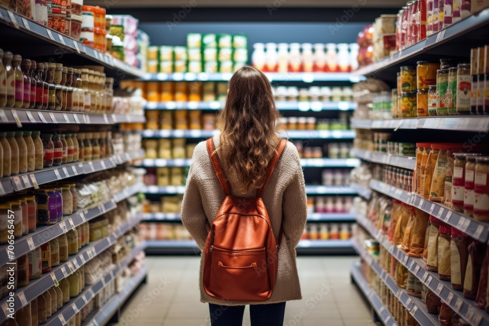Woman at supermarket, back view, Interior of supermarket full of ...