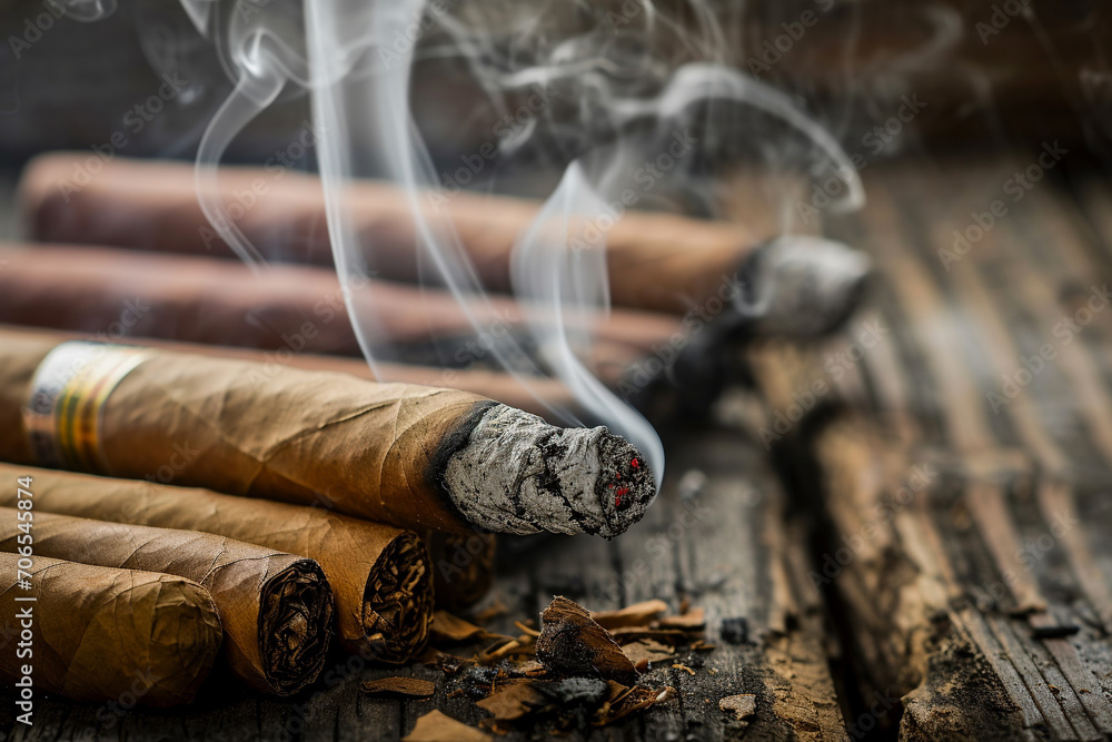 Cuban cigar with smoke, close up view with details, atmospheric light ...