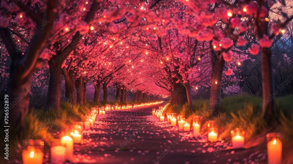 many lit candles are lined up along a path lined with trees with pink ...