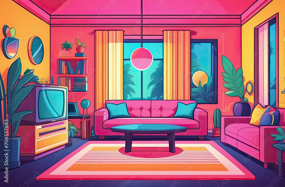 Apartment interior with bright prints and furniture from the 80s ...