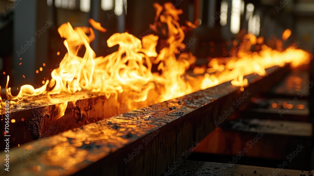 Burning metal structures in a factory or warehouse, a metal truss or a ...