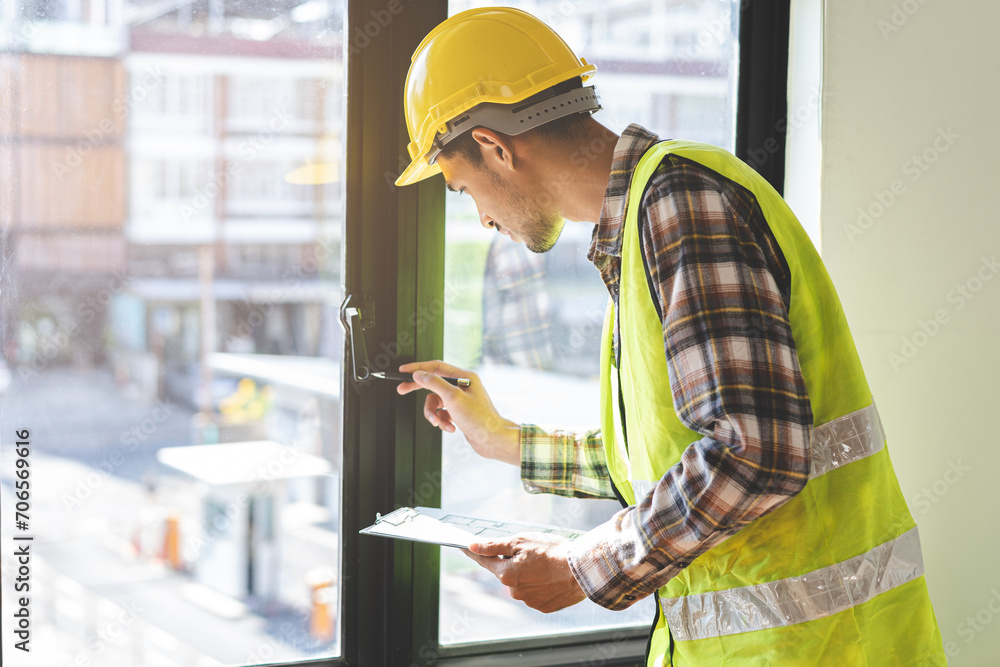 Building inspection asian contractor young man, male inspecting home ...