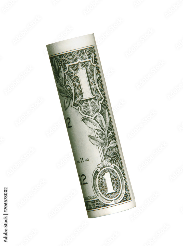 Rolled up one dollar bill isolated on transparent layered background ...