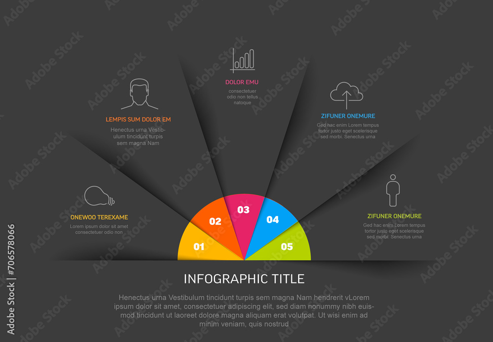 Dark fan Infographic with five color accent items icons and ...