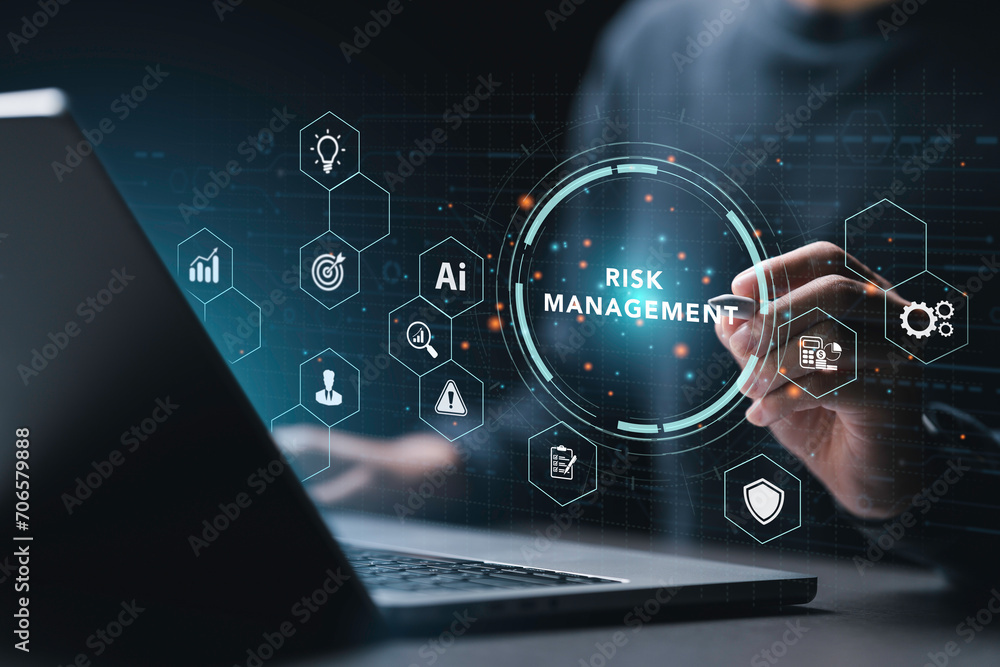 Risk Management Strategy Plan Finance. Businessman touching on screen ...